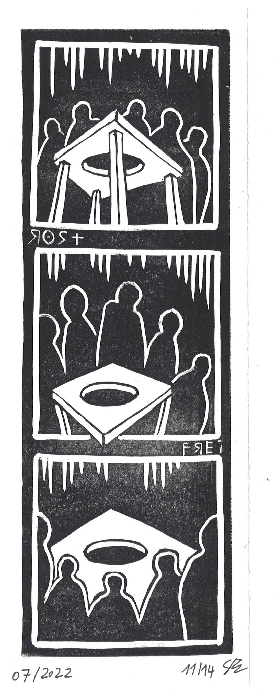 Linocut - Printmaking - People Around Table With Hole - Different ...
