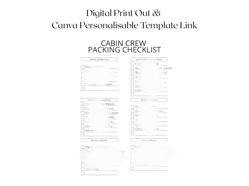 Cabin Crew Packing Check List Digital Print Out for Airline Crew, New ...