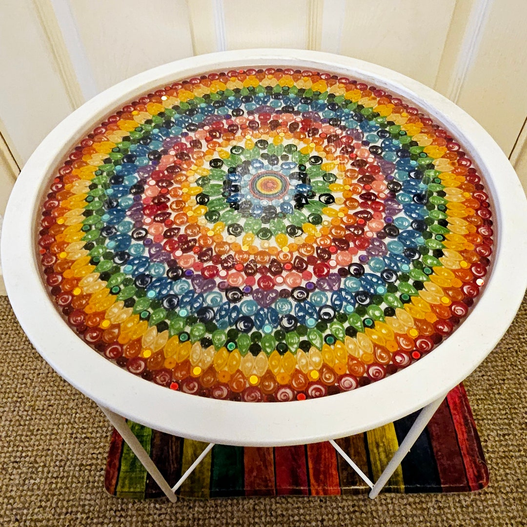 Rainbow Mandala Side Table, Colourful Coffee Table, Resin Art Table ...