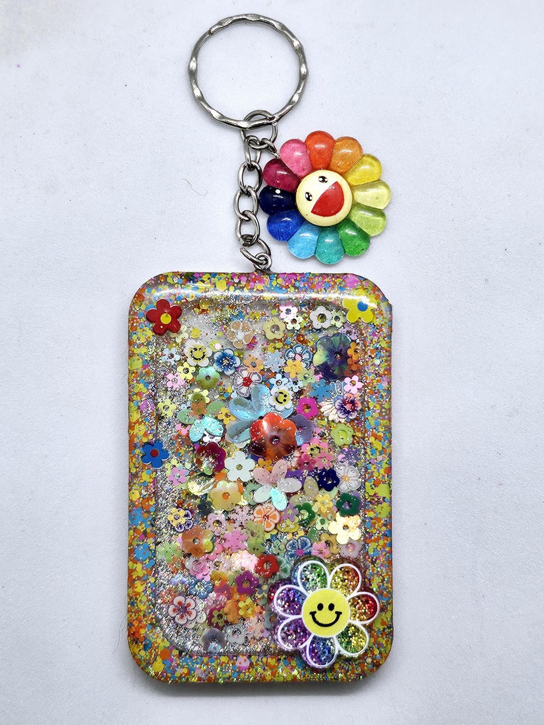 Rainbow Smiley Flower Liquid Shaker Keychain, Happy Flower Charm ...