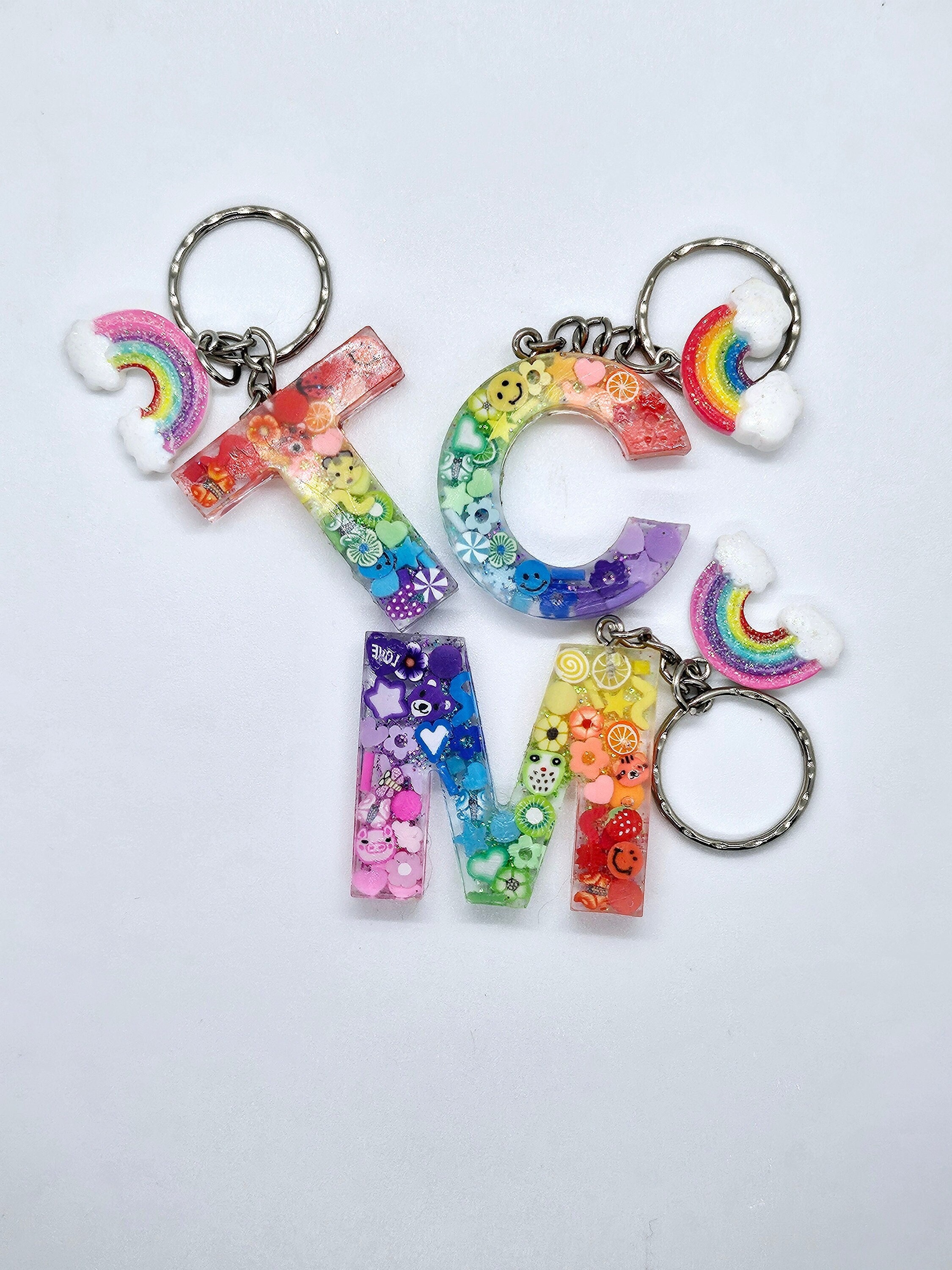 Rainbow Resin Letter Keyring, Personalised Initial Keychain, Glitter ...
