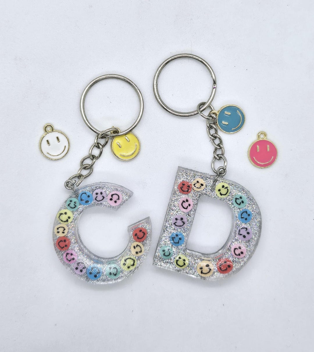 Rainbow Smiley Face Keyring, Letter Happy Face Keychain, Cute Initial ...