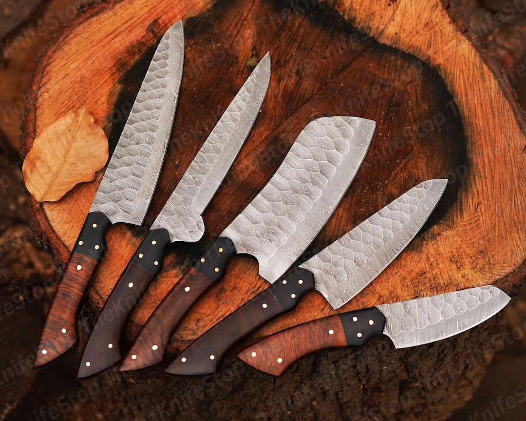 Hand Forged Damascus Chef Knife Set Handmade Kitchen Knife Set With Leather Sheath Roll Ideal ...
