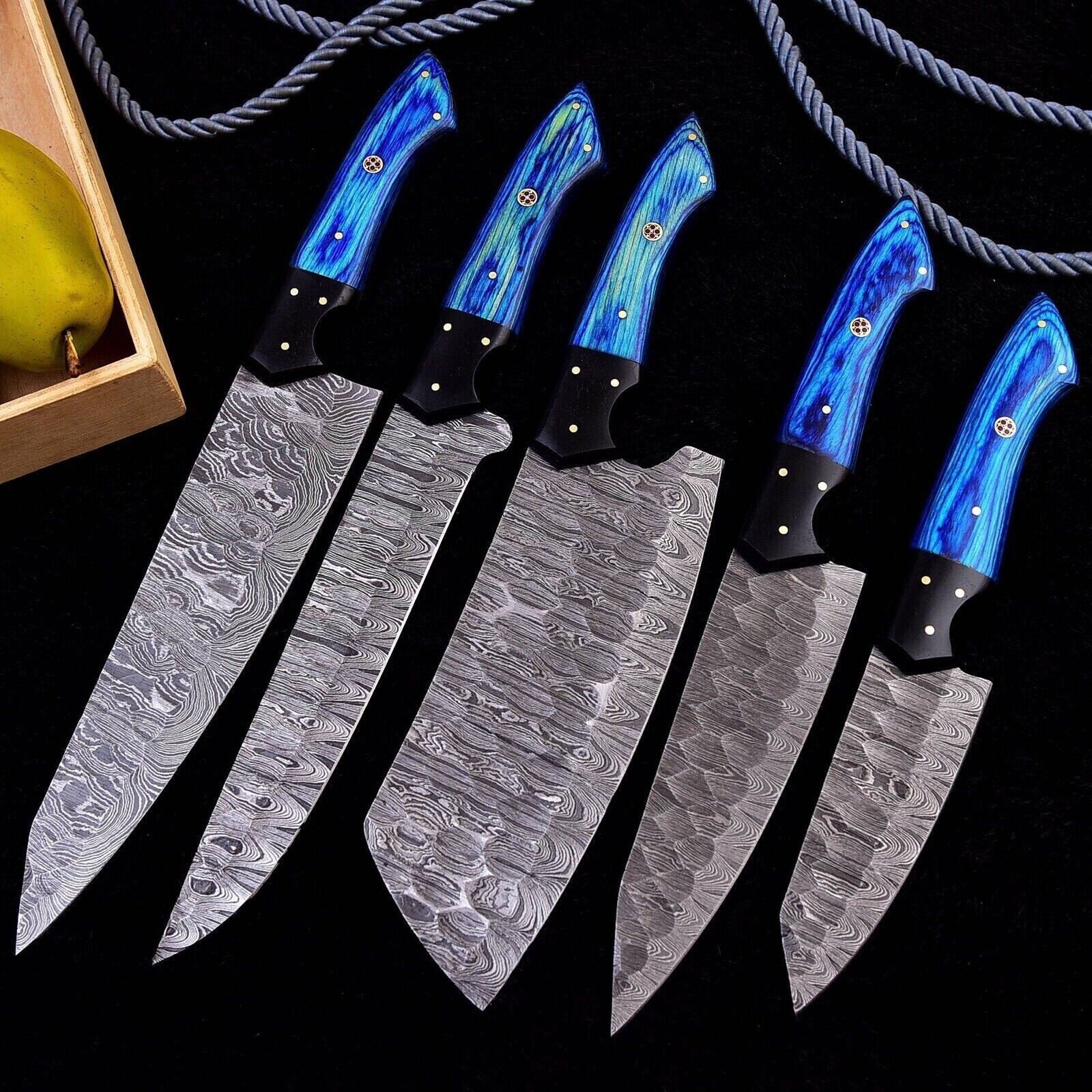 Damascus Steel Knife Set, Custom Chef Set for Birthday Gift, Handmade ...