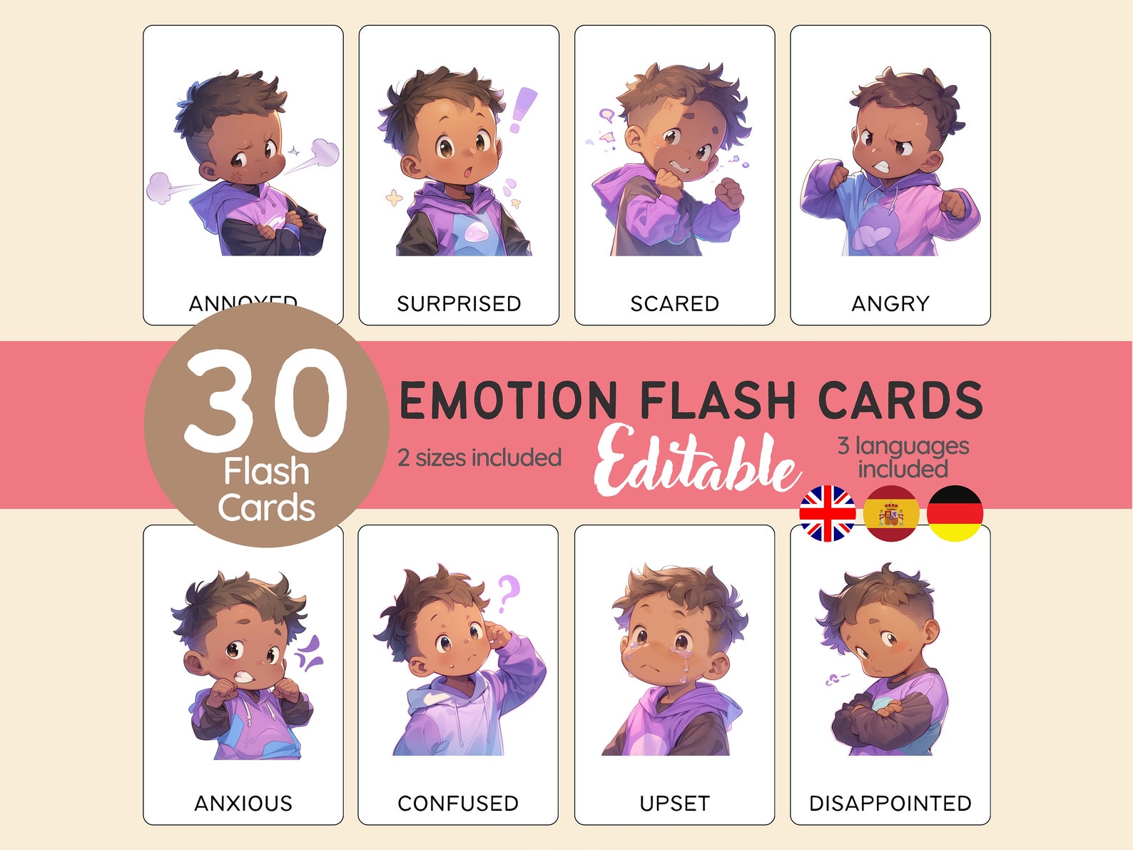 Kids Emotions Flashcards Large Montessori Feelings Cards Printable ...
