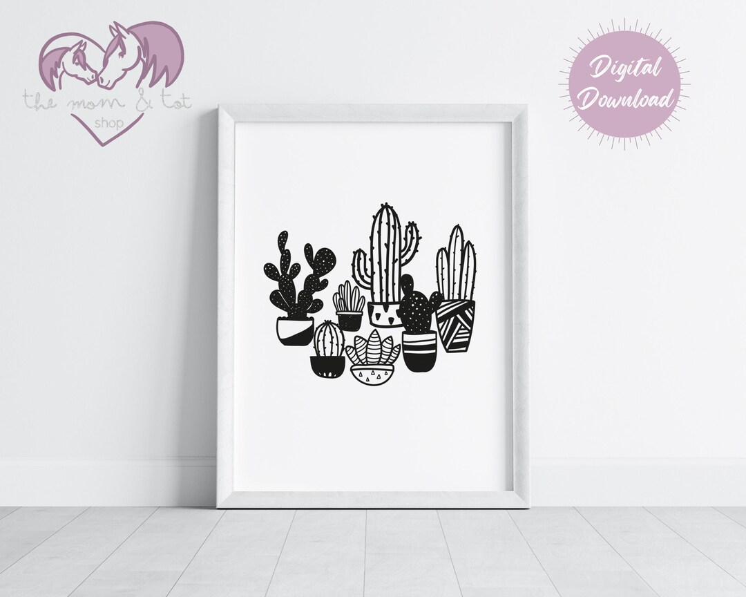 Cactus Wall Art, Black and White Digital Download, Modern Plant Decor ...