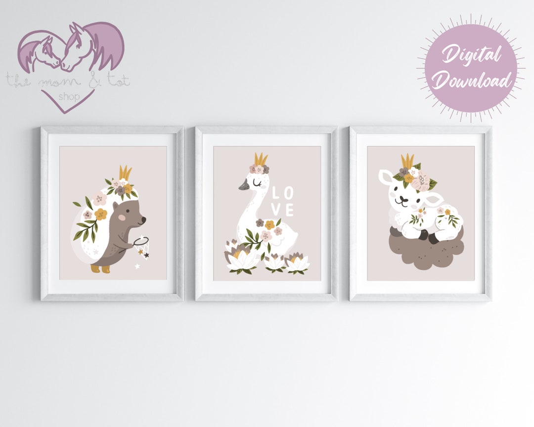 Magical Animals With Flowers and Crowns Set of 3 Art Prints, Printable ...