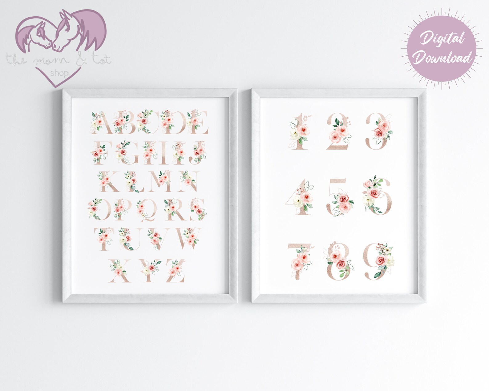 Blush and Gold Floral Alphabet and Numbers Printable Art Print Set of 2 ...