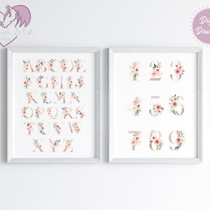 Blush and Gold Floral Alphabet and Numbers Printable Art Print Set of 2 ...