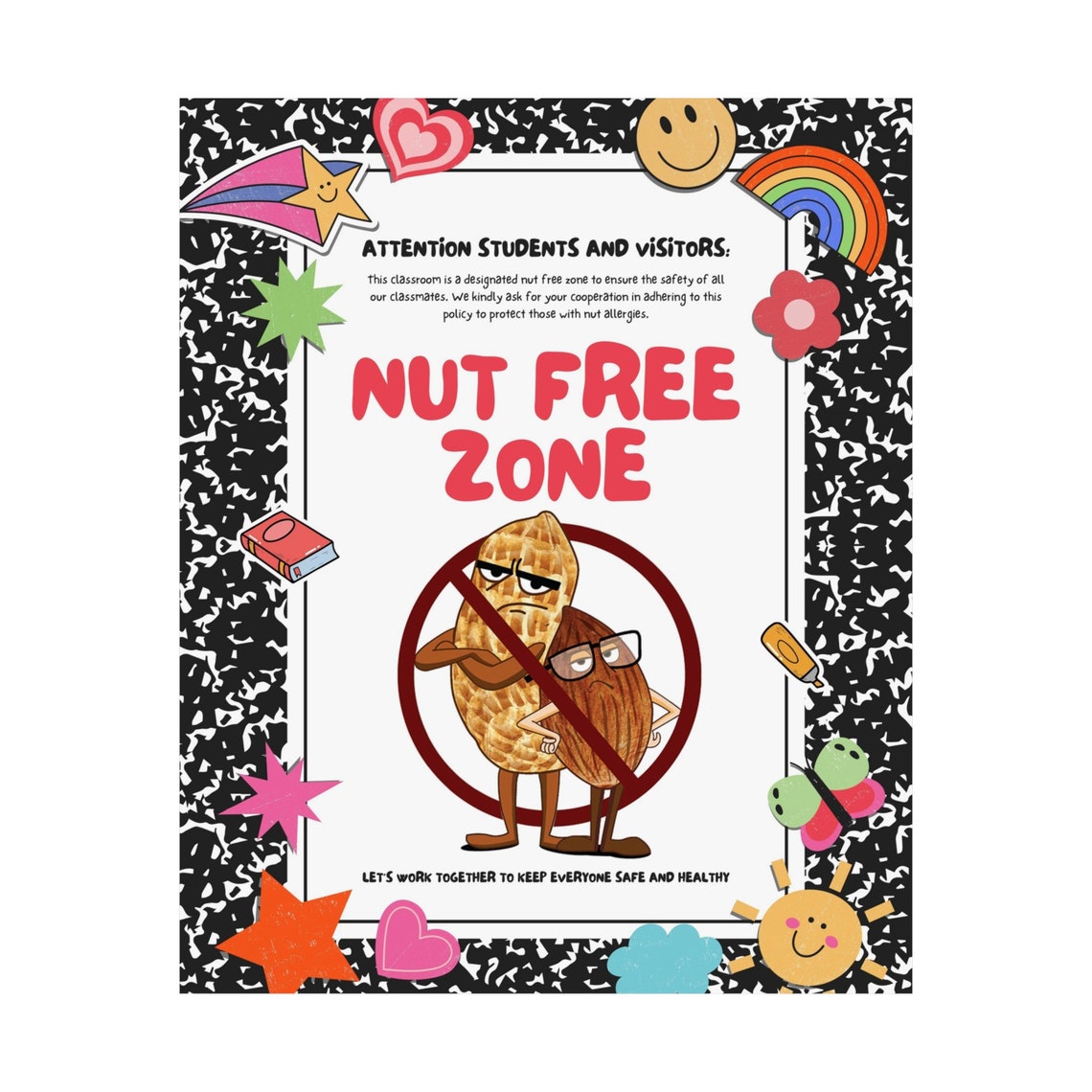 Nut Free Zone Classroom Poster With Cute Nut Characters Elementary ...