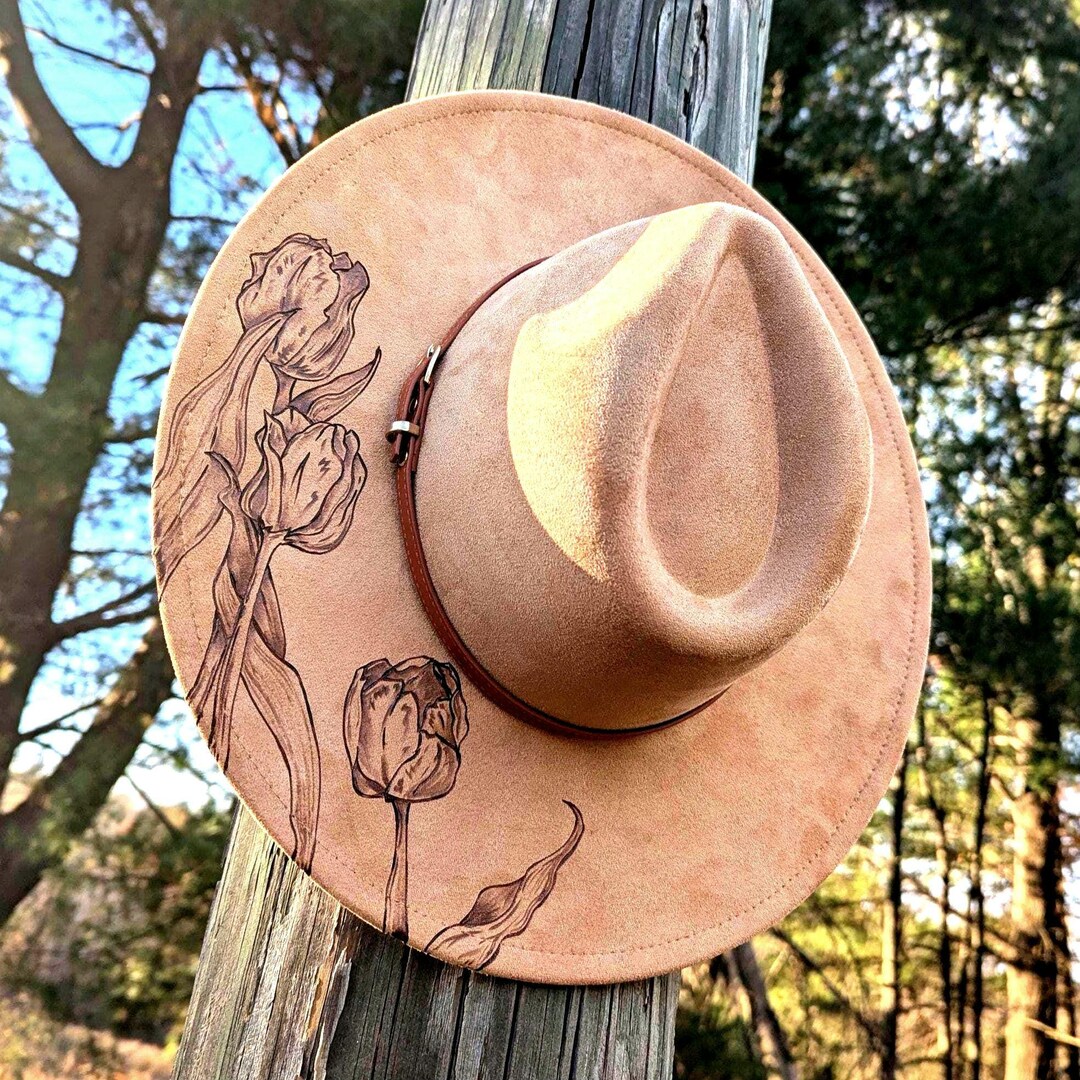 Tulip Hat, Floral Burned Hat, Wide Brim Fedora Hat Women, Gift for ...