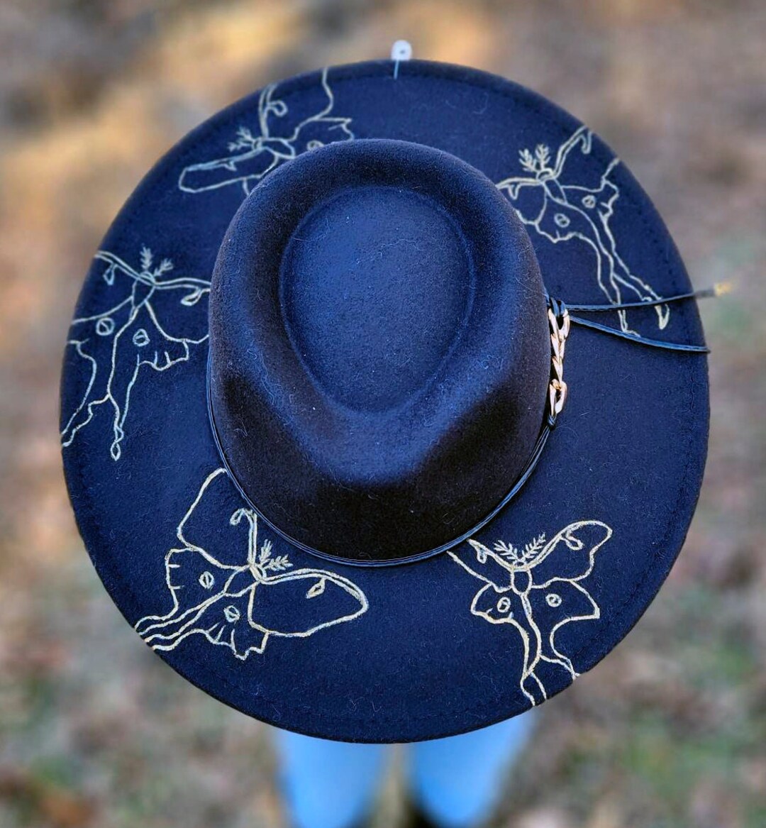 Luna Moth Hat, Hand Painted Fedora Hat, Wood Burnt Hat, Goth Cowboy Hat ...