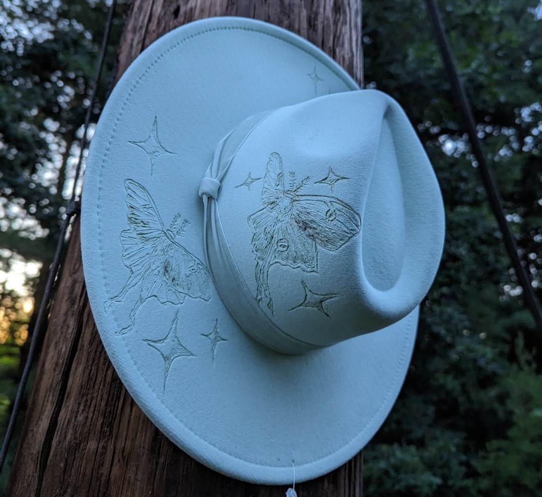 Luna Moth Hat, Wide Brim Fedora, Wood Burnt Cowboy Hat, Cottagecore ...