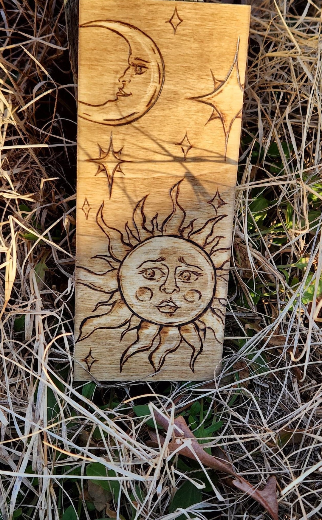 Sun and Moon Wood Art, Woodburned Sign, Gothic Wood Panel, Pyrography ...