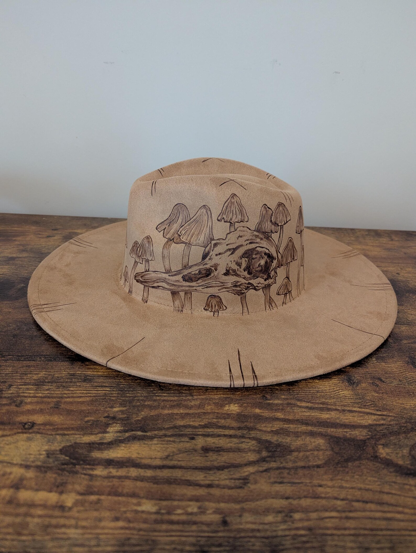Raven Skull Hat, Hand Burned Cowboy Hat, Faux Suede Fedora, Gothic Wide ...