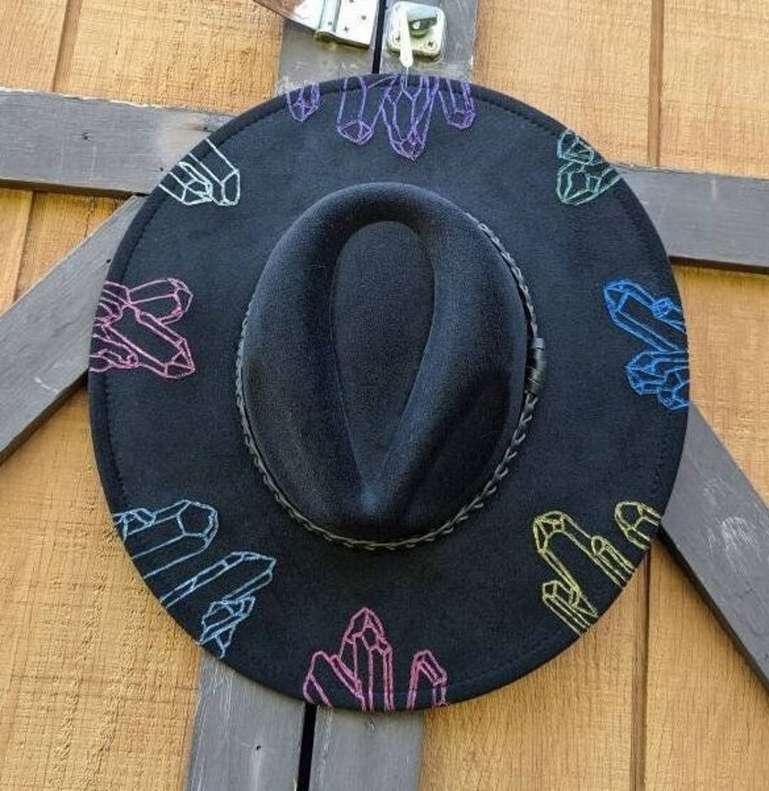 Crystal Hat, Hand Painted Fedora, Wide Brim Hat, Woodburned Hat, Pastel ...