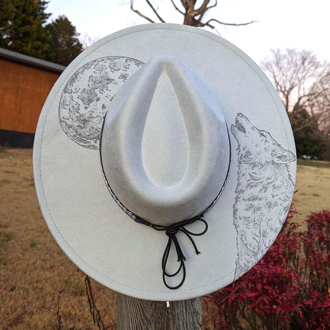 Wolf Howling at Moon, Hand Burned Western Hat, Faux Suede Wide Brim Hat ...