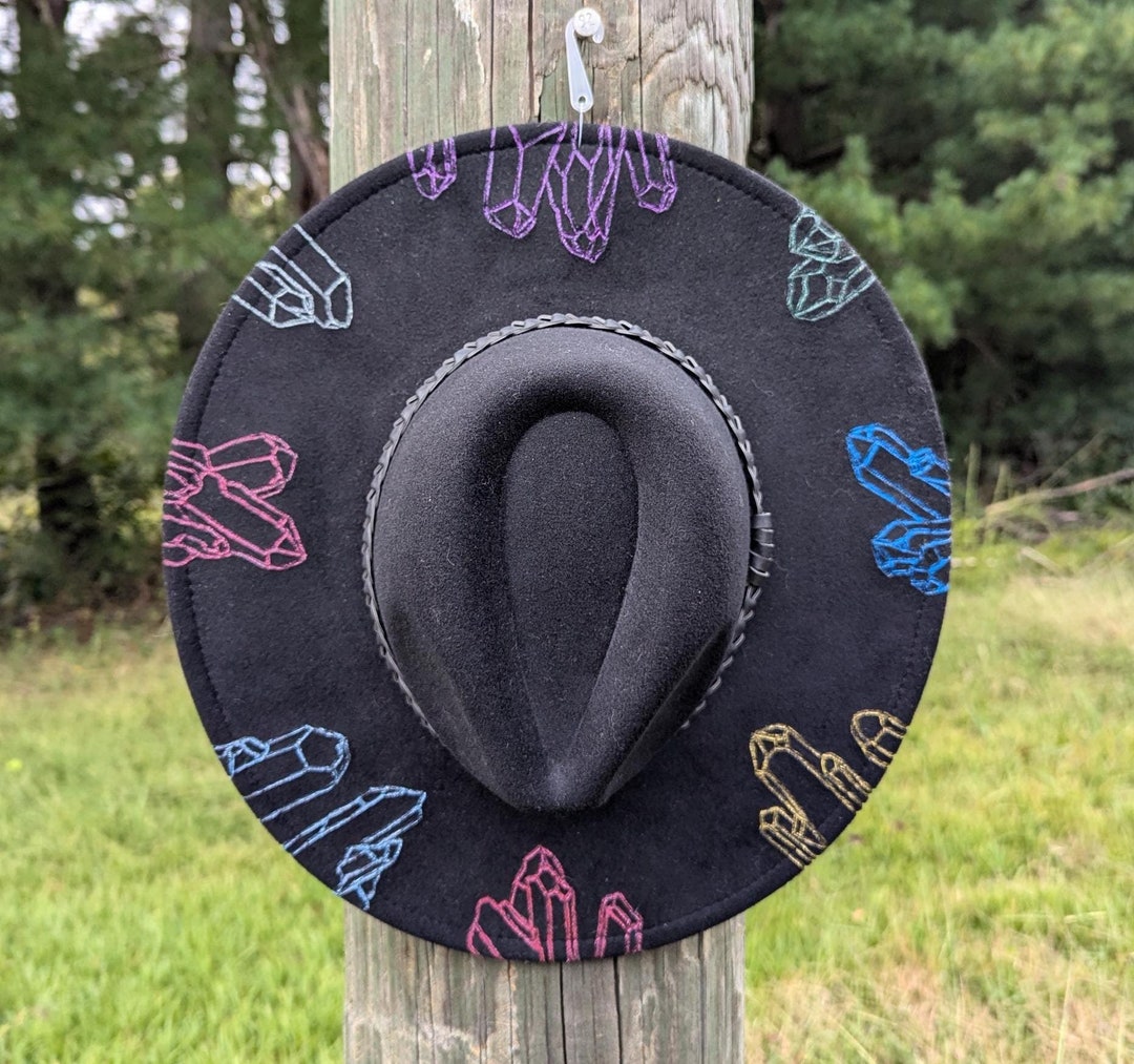 Crystal Hat, Hand Painted Fedora, Wide Brim Hat, Woodburned Hat, Pastel ...