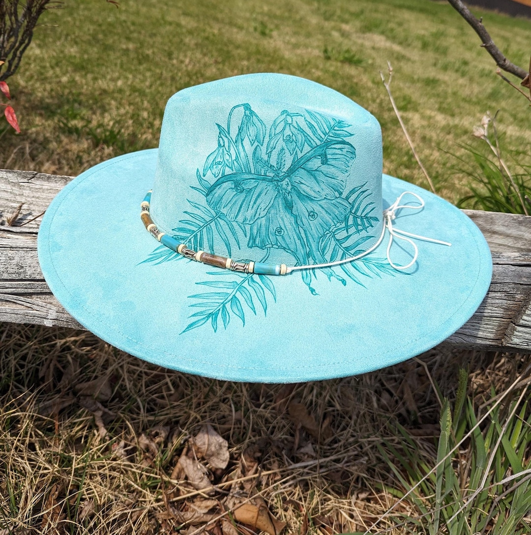 Luna Moth Hat, Hand Burned Cowgirl Hat, Snowdrop Flower Hat, Goth Wide ...