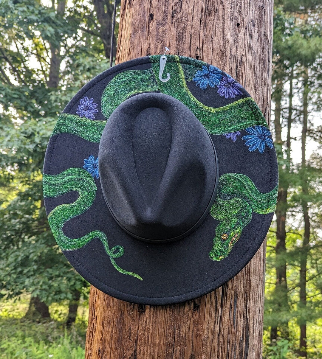 Snake Cowboy Hat, Hand Painted Wide Brim Hat, Burned Fedora, Dark ...