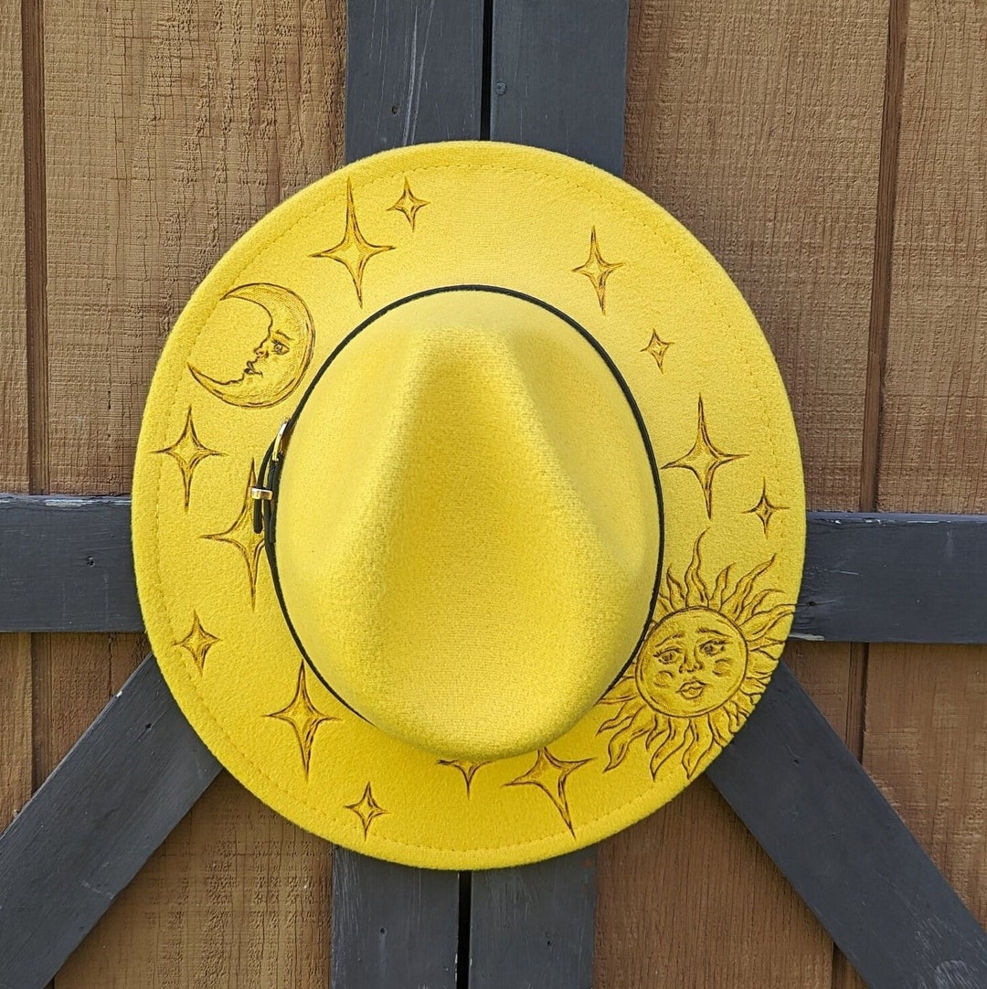 Sun and Moon Hat, Wood Burnt Hat, Celestial Hat, Small Brim Hat, Witchy ...