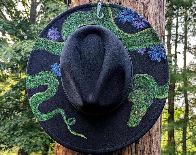 Snake Cowboy Hat, Hand Painted Wide Brim Hat, Burned Fedora, Dark ...