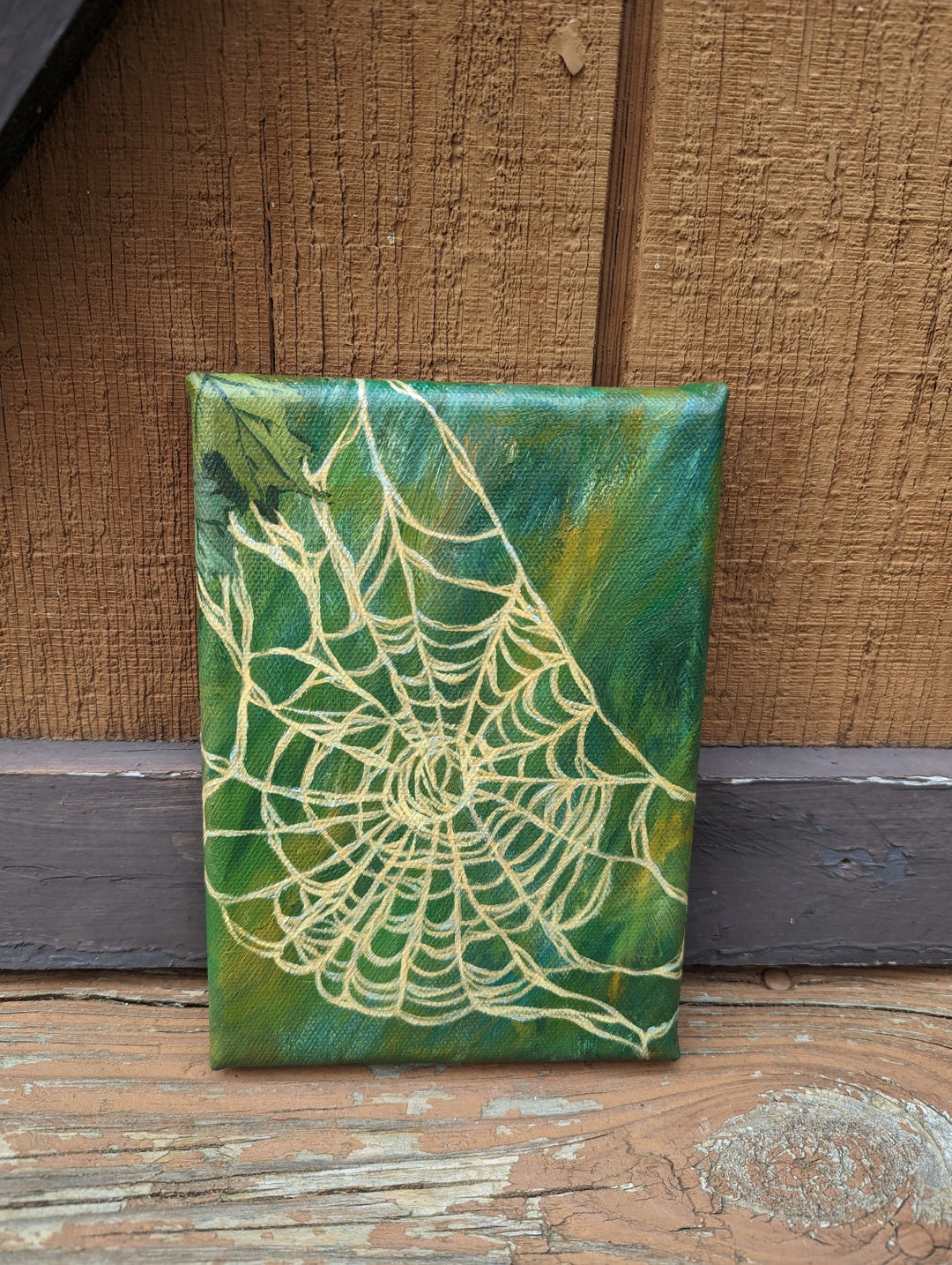 Spider Web Art, 5x7 Acrylic Painting, Oak Leaf Painting, Metallic ...