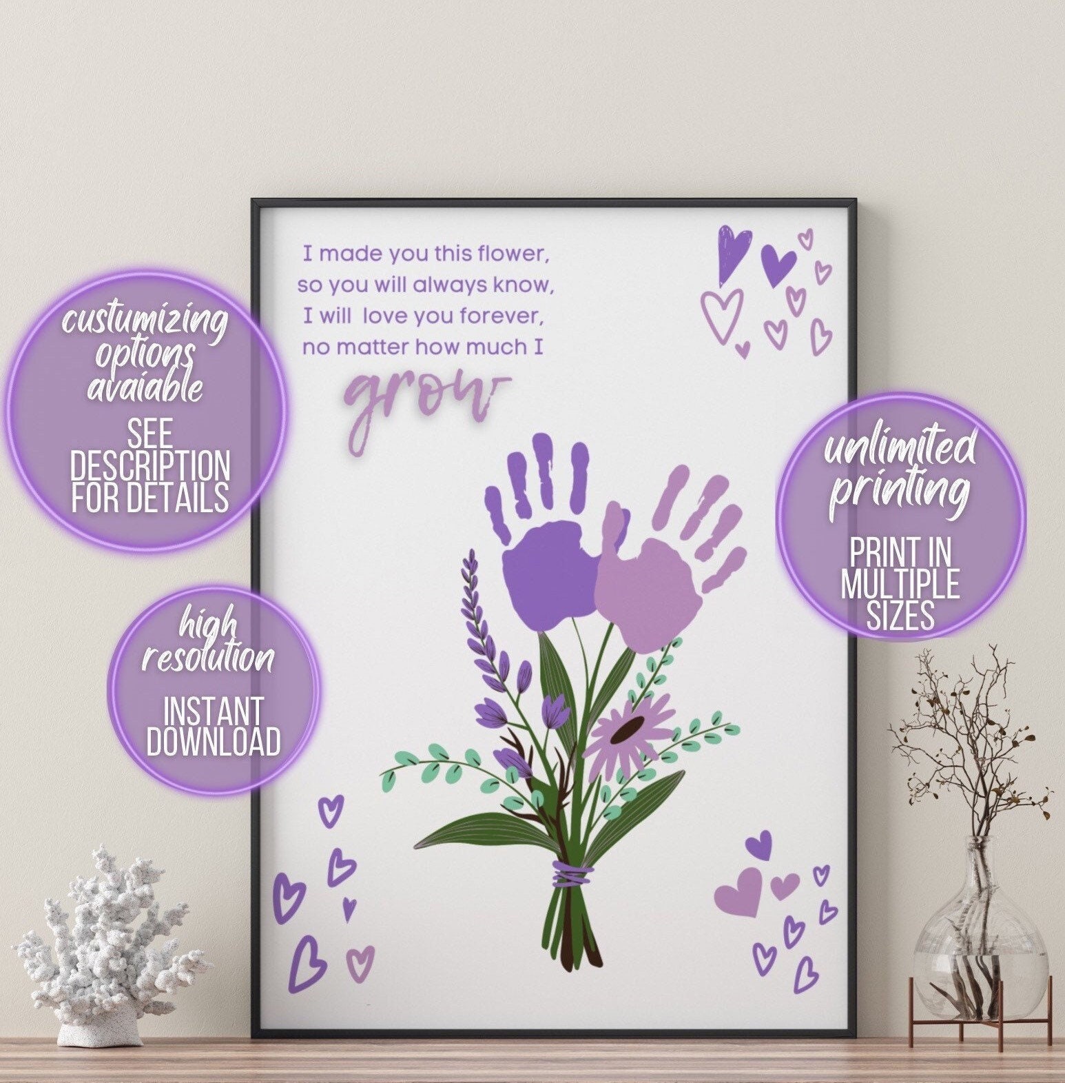 Floral Handprint Art Craft Printable Grandparents Parents - Etsy