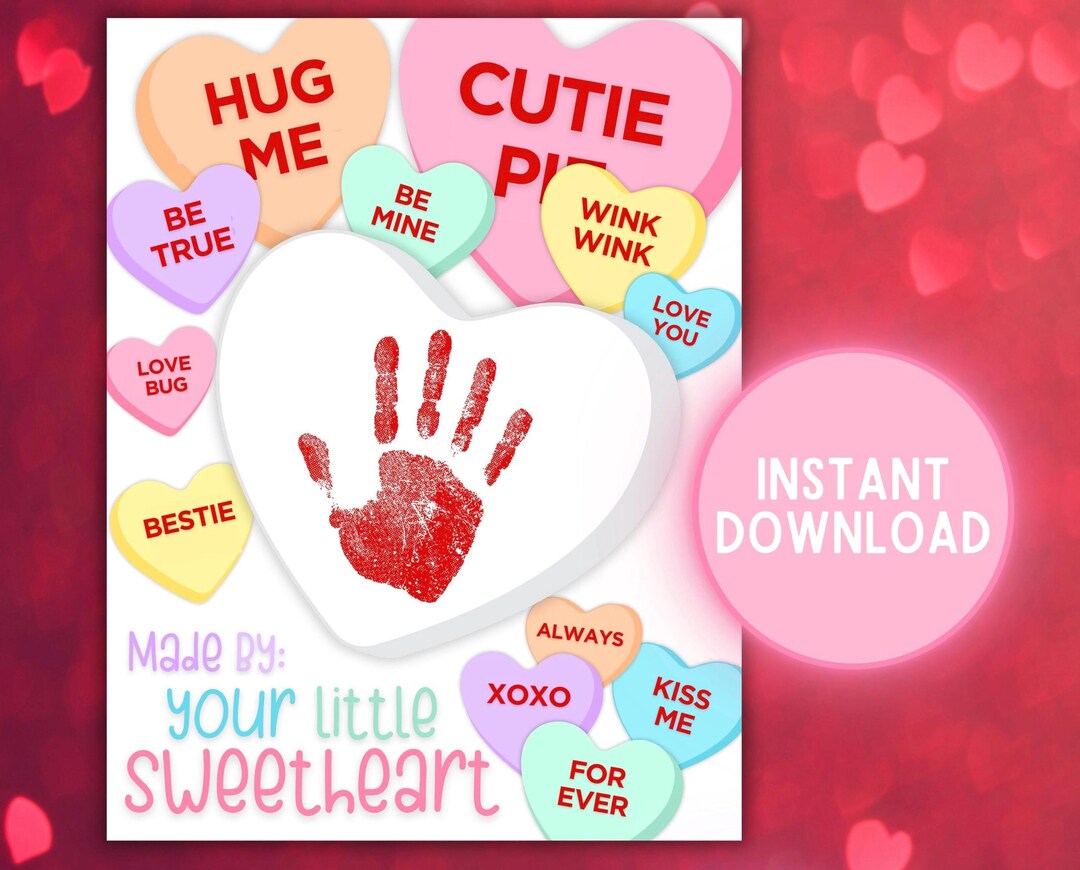 Heart Candy Valentine’s Day Handprint Craft, Footprint Art Printable ...