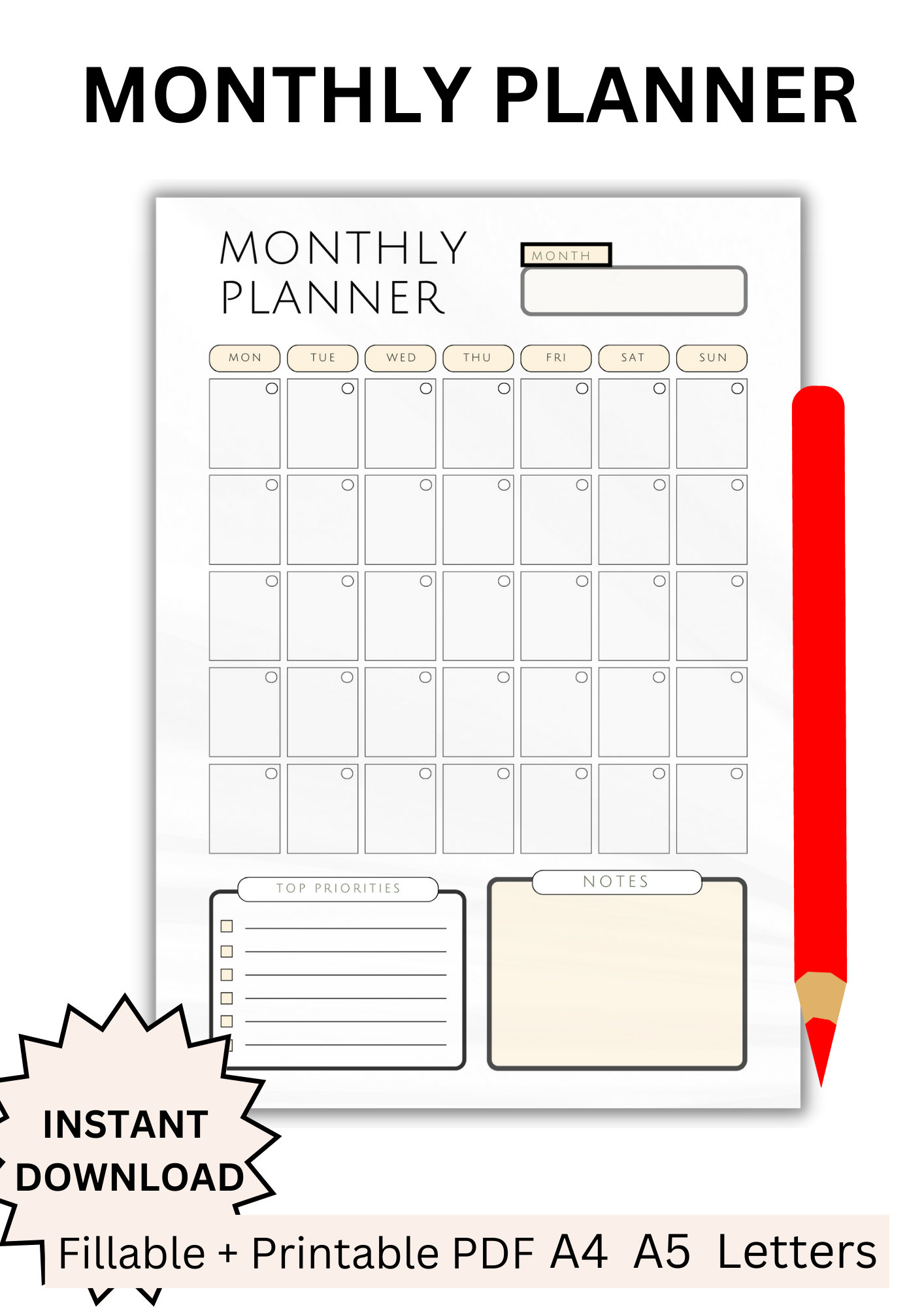 Monthly Planner, Printable Calendar, Planner, Student Planner, Monthly ...