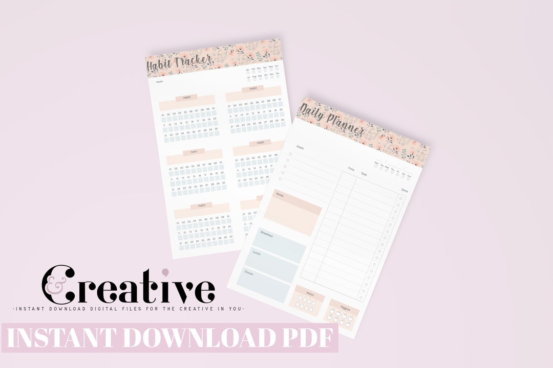Floral Peach Weekly Planner and Habit Tracker Files, A4 Size, Instant ...