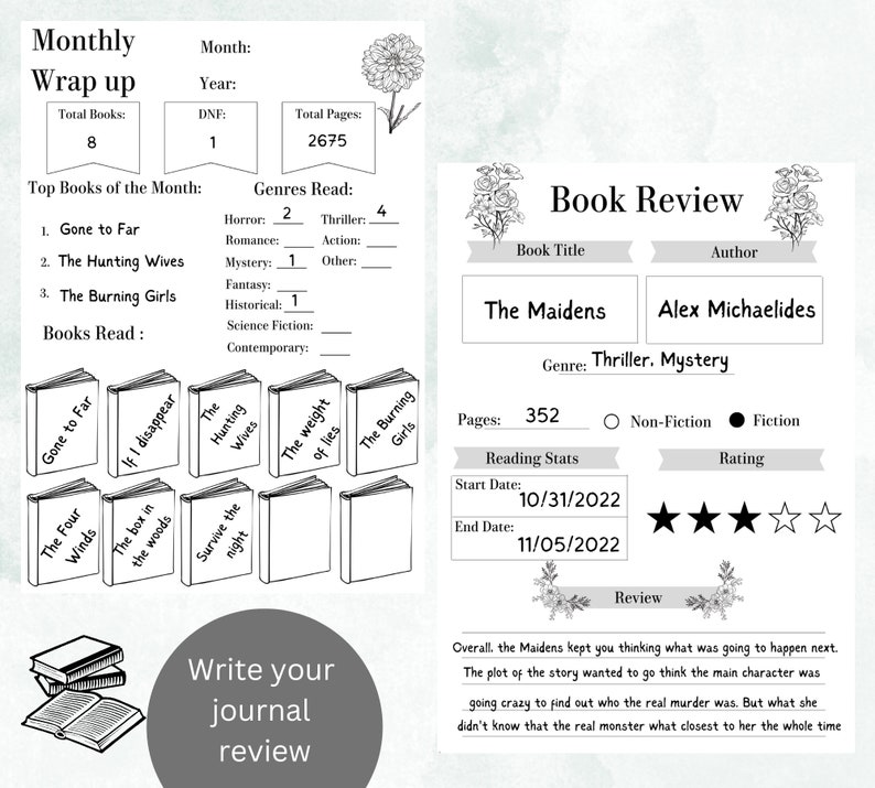 Digital Download, Digital Reading Journal, Printable Journal, Reading ...