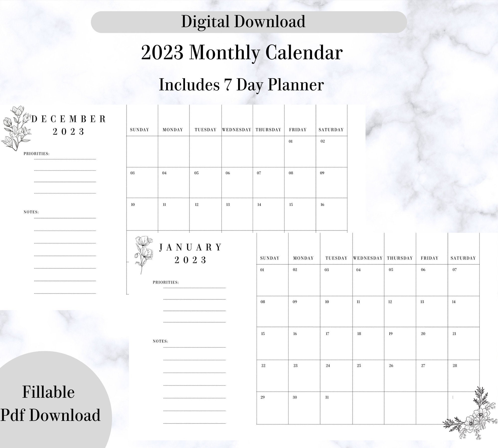 2023 Monthly Calendar, Printable Calendar, Year Calendar, 7 Day Planner ...