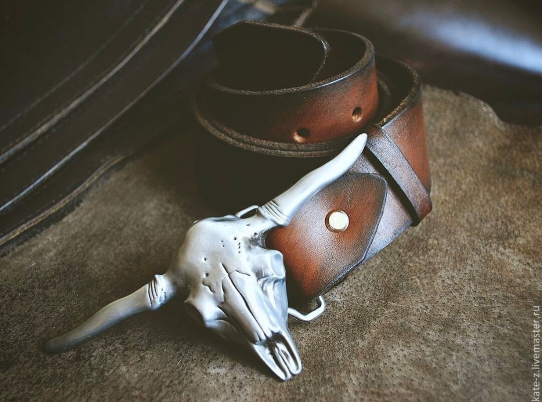 Bison Skull Full Grain Leather Belt Men Woman Brown Leather Belt - Etsy
