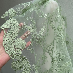 Floral Sage Green Lace Fabric by Yard Embroidery Corded With Sequins ...