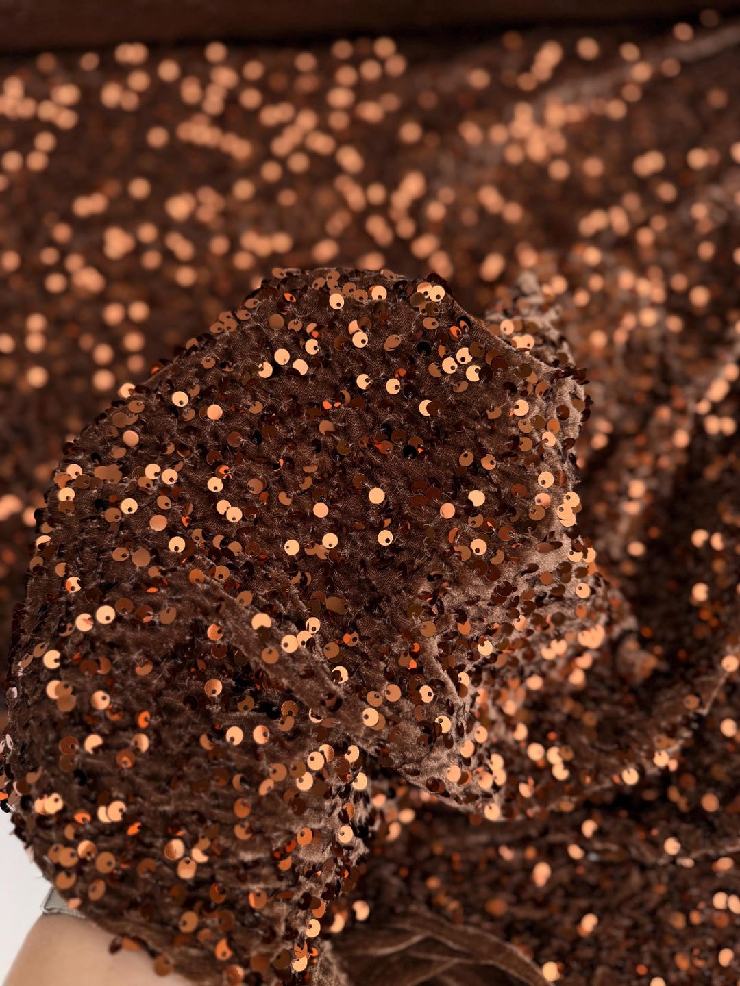 Brown Sequins on Stretch Brown Velvet Fabric, Luxury Brown Sequined ...