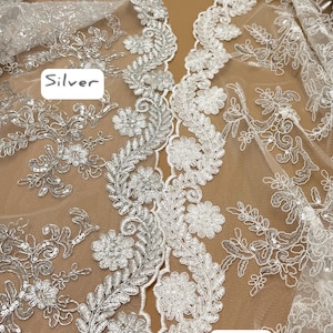 Silver Floral Lace Fabric by Yard Embroidery Corded With Sequins, Non ...