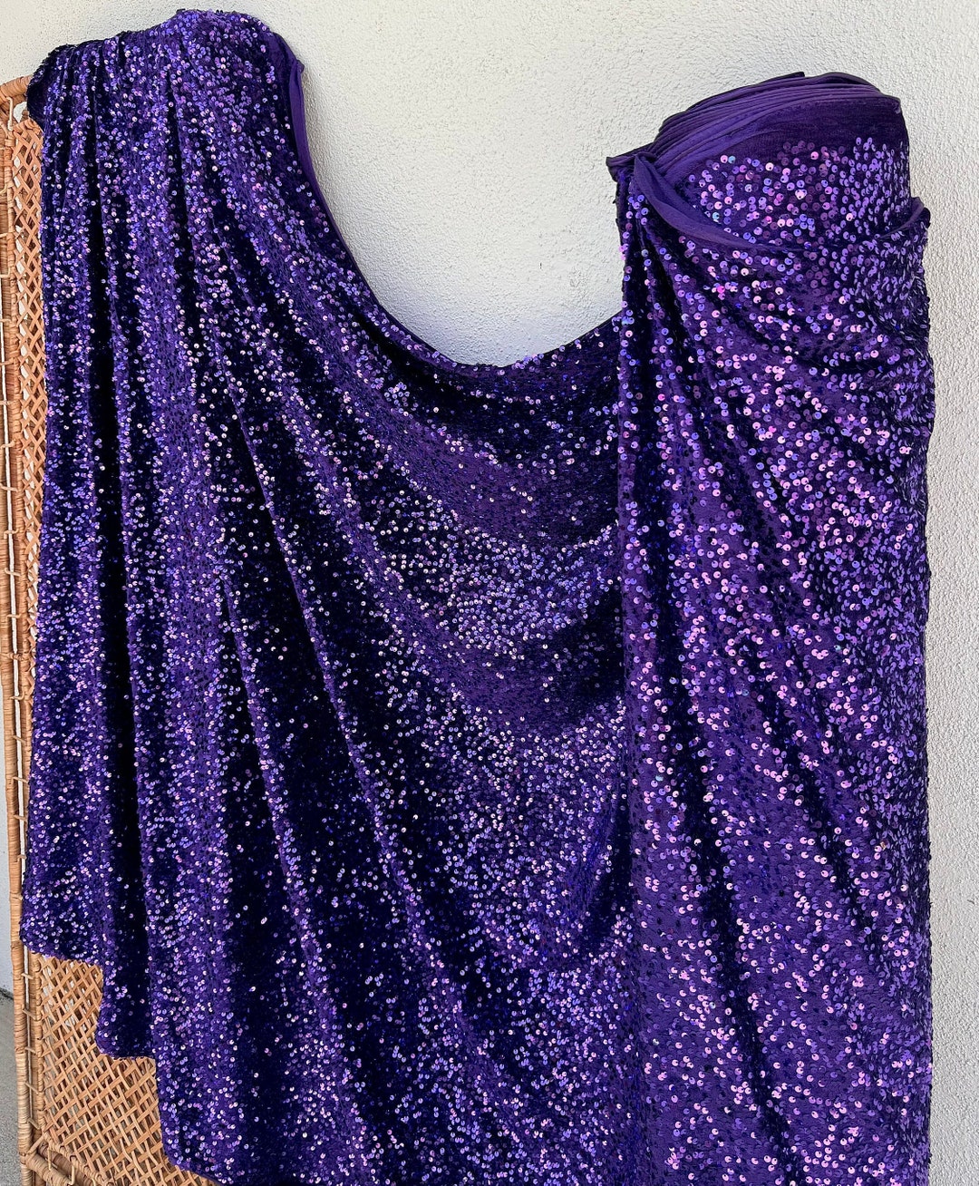Purple Sequins on Stretch Velvet Fabric, Luxury Violet Sequined Fabric ...