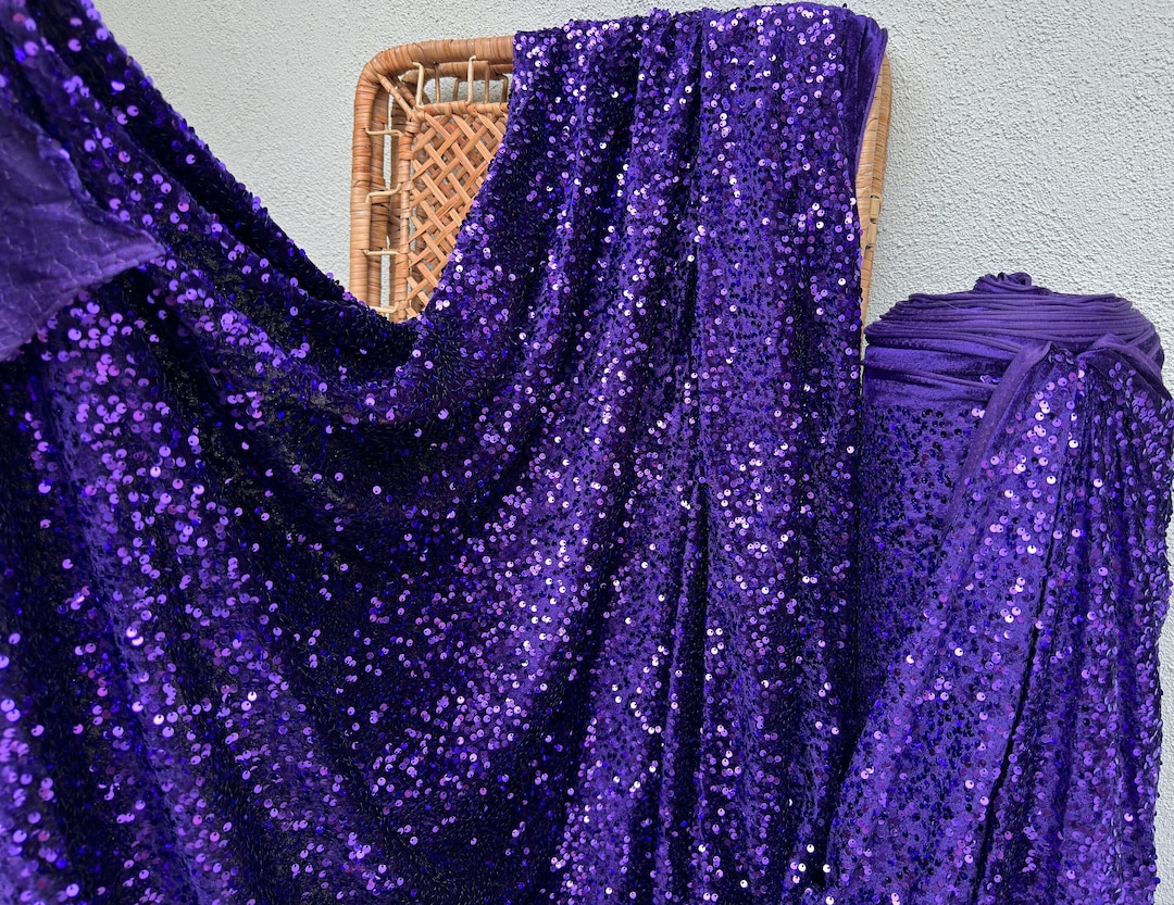 Violet Sequins on Stretch Velvet Fabric, Luxury Violet Sequined Fabric ...