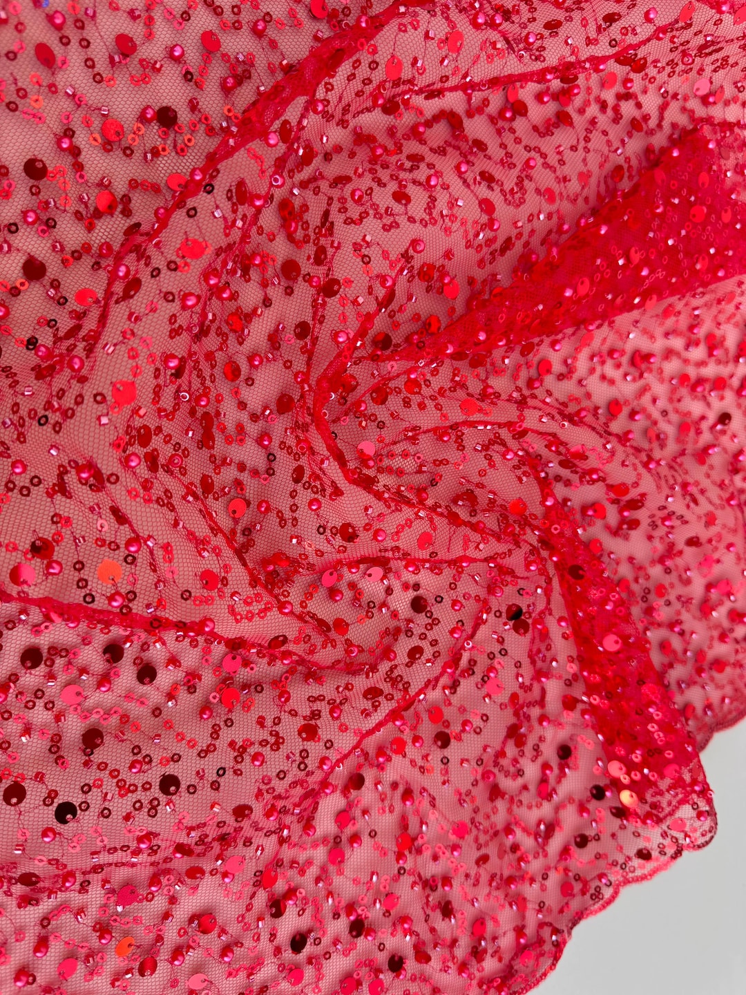 Red Beaded Lace Fabric by Yard | Embroidered With Pearls & Sequins Mesh ...