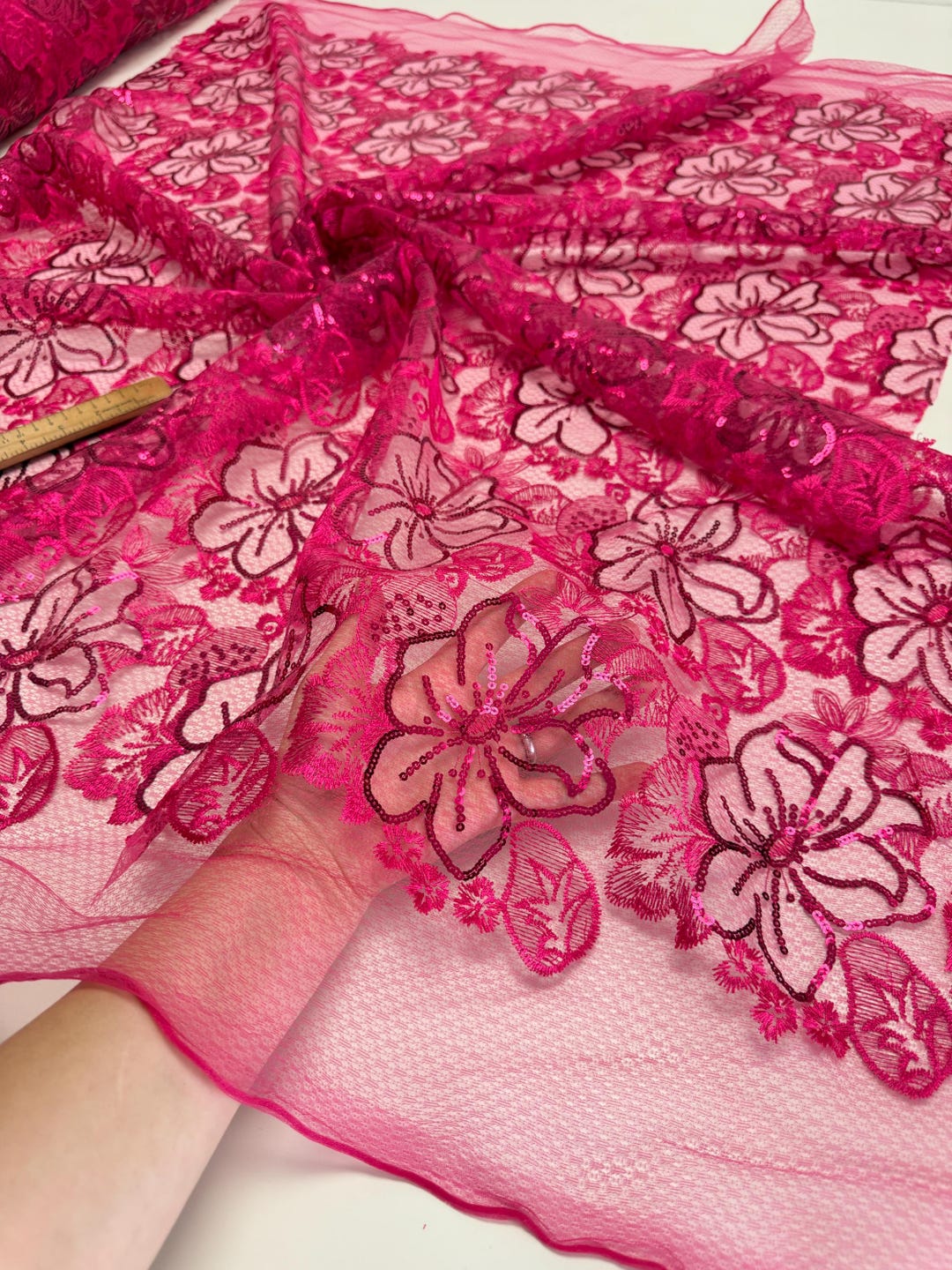Fuchsia Floral Sequin Embroidered Lace Fabric, Bright Pink Mesh, DIY ...