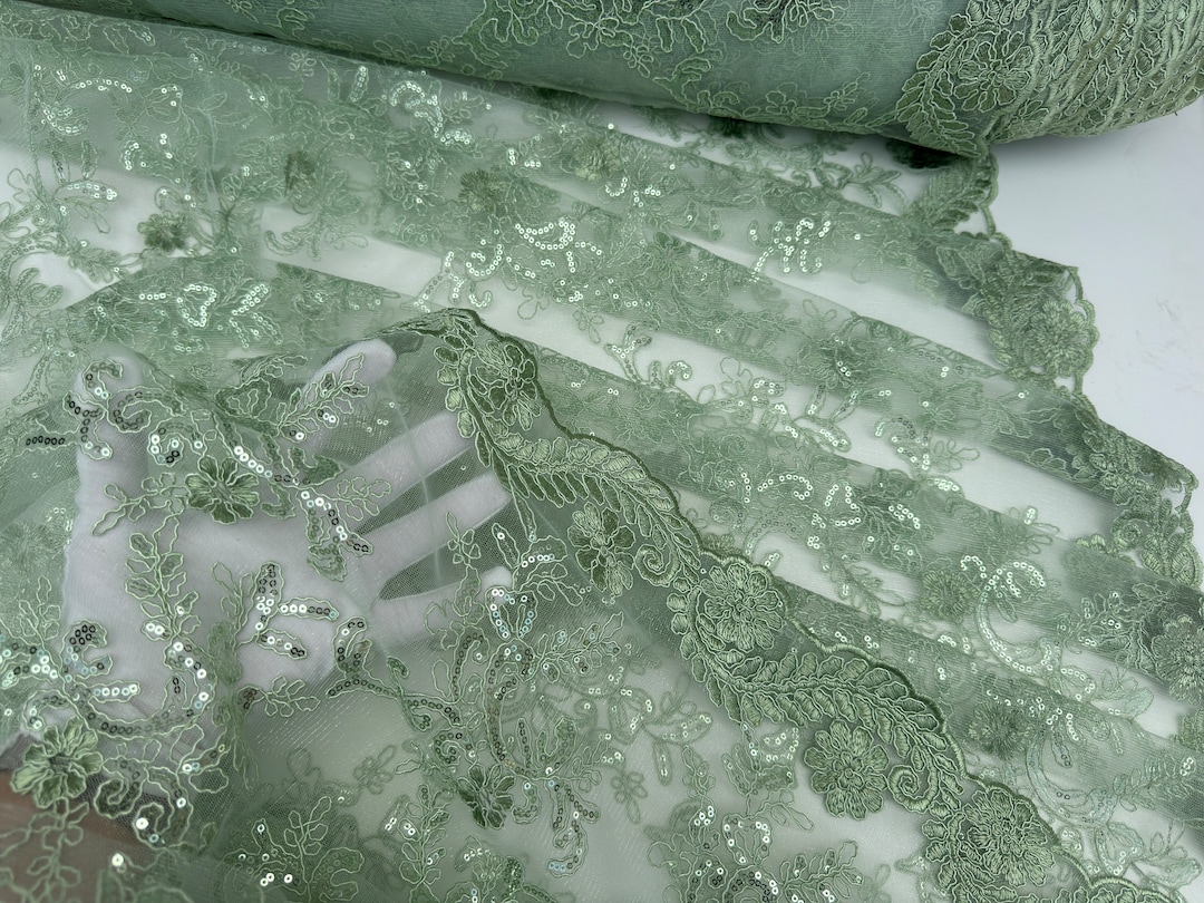 Floral Sage Green Lace Fabric by Yard Embroidery Corded With Sequins ...