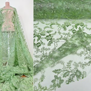 Sage Green Floral Lace Fabric by Yard, Embroidered Corded With Sequins ...