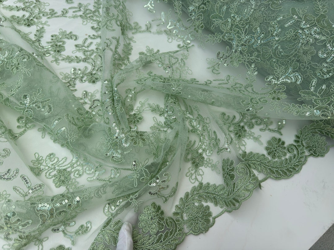 Floral Sage Green Lace Fabric by Yard Embroidery Corded With Sequins ...