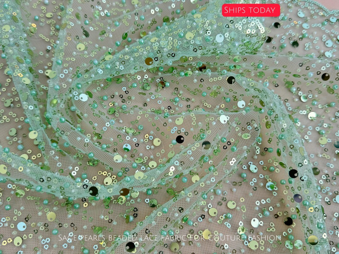 Sage Green Beaded Lace Fabric by Yard | Embroidered With Pearls ...
