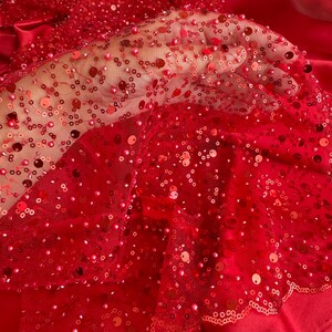 Red Beaded Lace Fabric by Yard | Embroidered With Pearls & Sequins Mesh ...