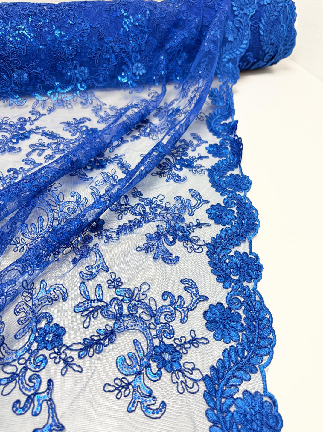 Floral Royal Blue Lace Fabric by Yard Embroidery Corded With Sequins ...