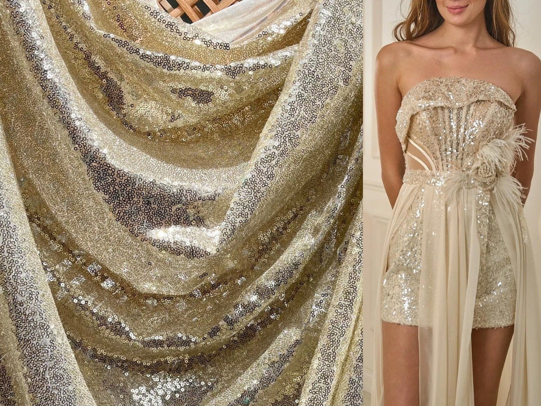 Gold Sequins Glitz on Mesh Fabric, Glitter Fabric by Yard, 2 Way ...
