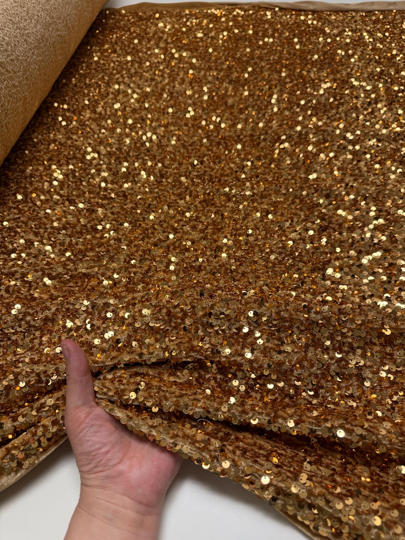 Dark Gold Sequin Velvet Fabric by Yard, All Over Sequins on Stretch ...