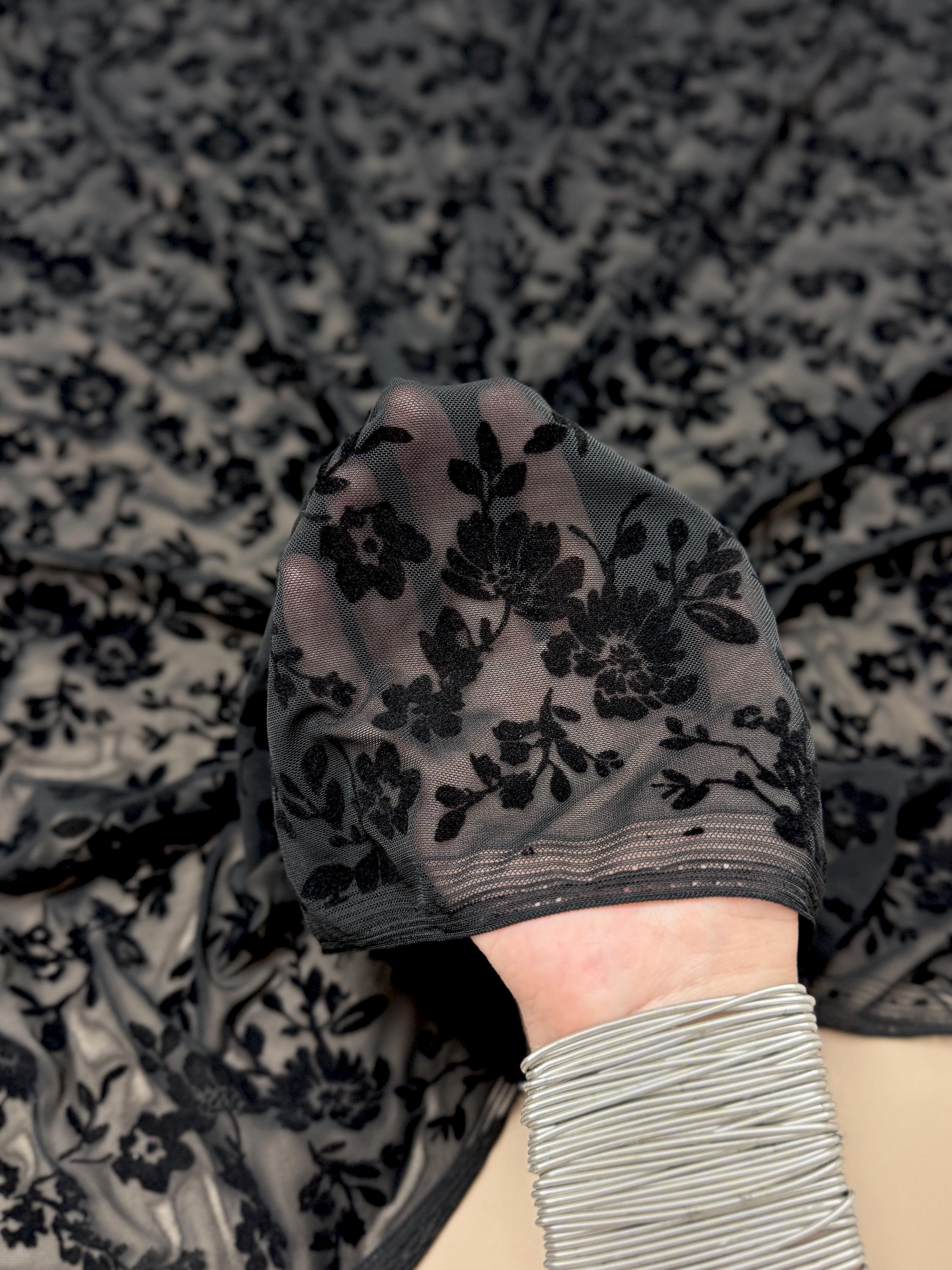 Black Power Mesh Floral Flocked Velvet by Yard, Soft Spandex Mesh 58 ...